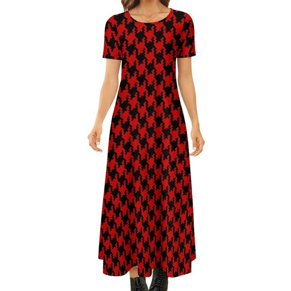 Blue Houndstooth Dress Vintage Print Streetwear Bohemia Long Dresses ...