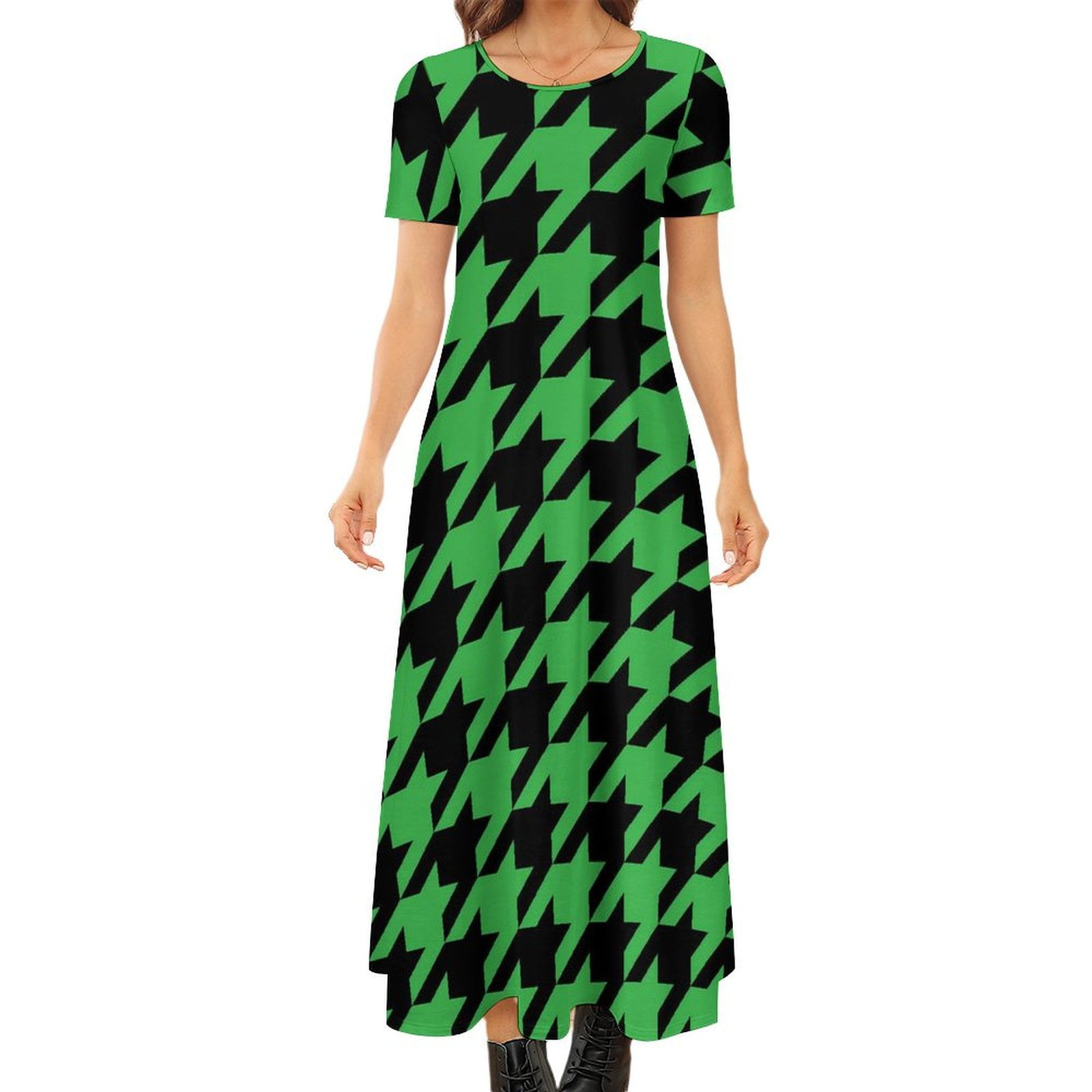 Blue Houndstooth Dress Vintage Print Streetwear Bohemia Long Dresses ...
