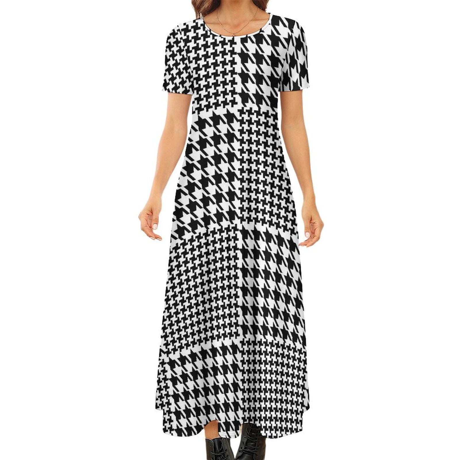 Blue Houndstooth Dress Vintage Print Streetwear Bohemia Long Dresses ...