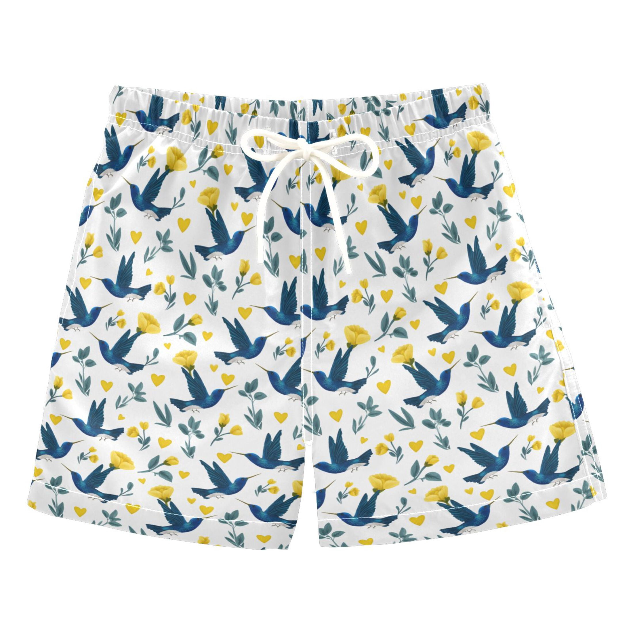 Blue Hummingbirds and Yellow Hearts Pattern Swim Trunks Quick Dry Beach ...