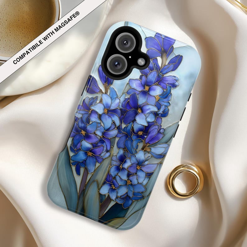Blue Hyacinth Floral Tough phone case | Stained Glass PRINTED Magnetic ...