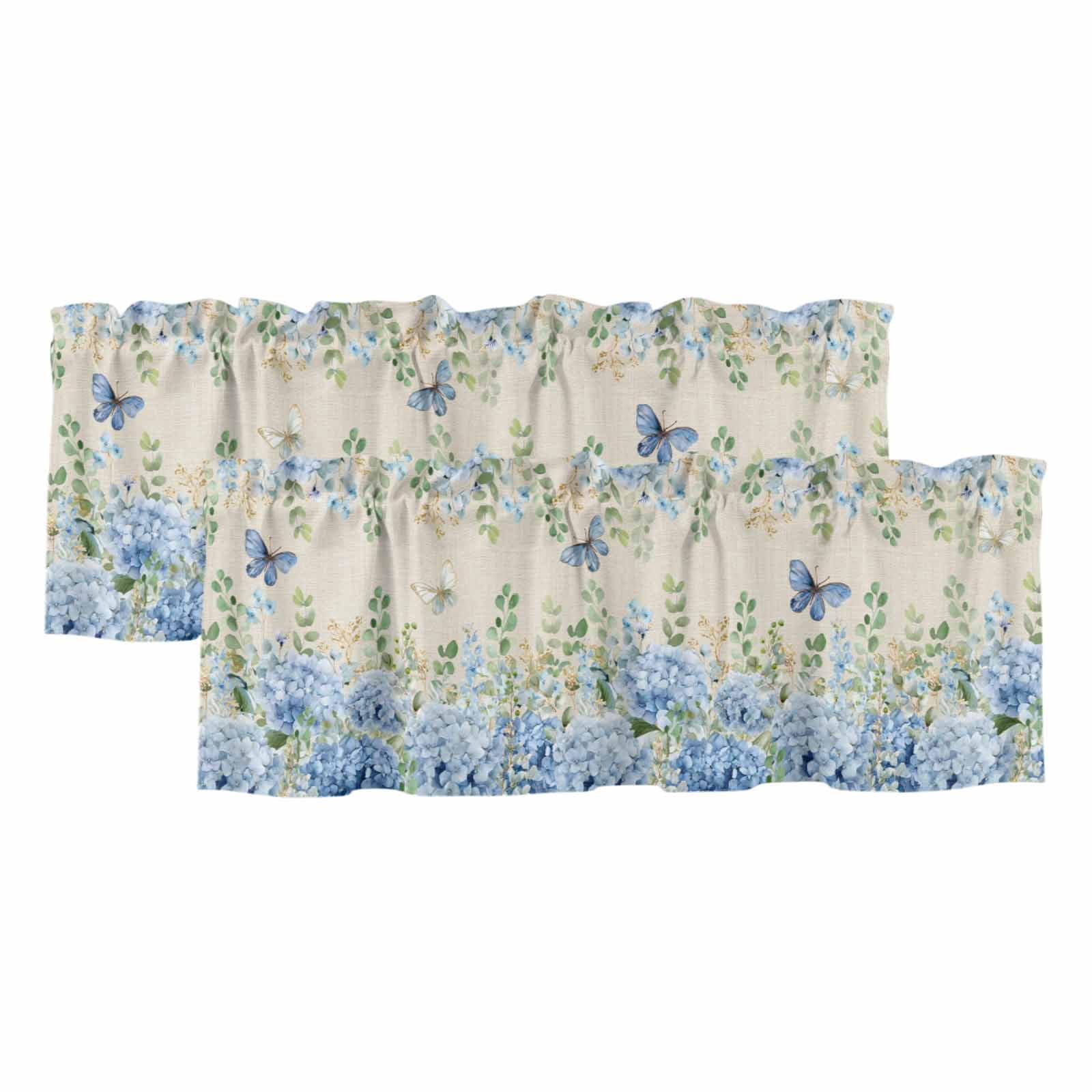 Blue Hydrangea 2 Panels Kitchen Valance, Rustic Summer Blue Floral ...