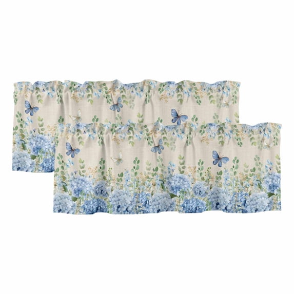Blue Hydrangea 2 Panels Kitchen Valance, Rustic Summer Blue Floral ...