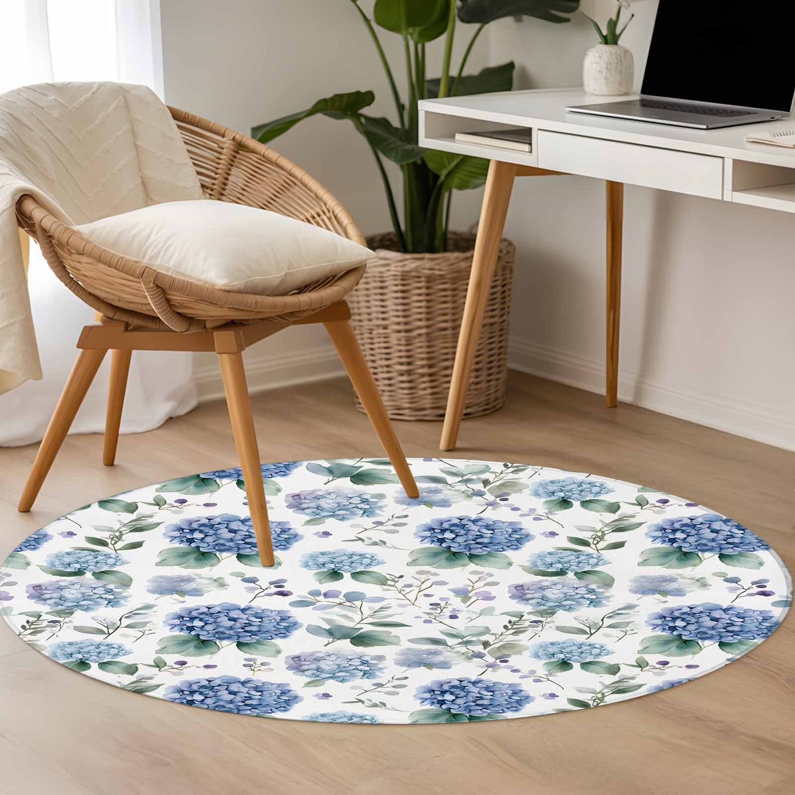 Blue Hydrangea 3.3ft Round Rug for Bedroom Reading Corner, Eucalyptus ...