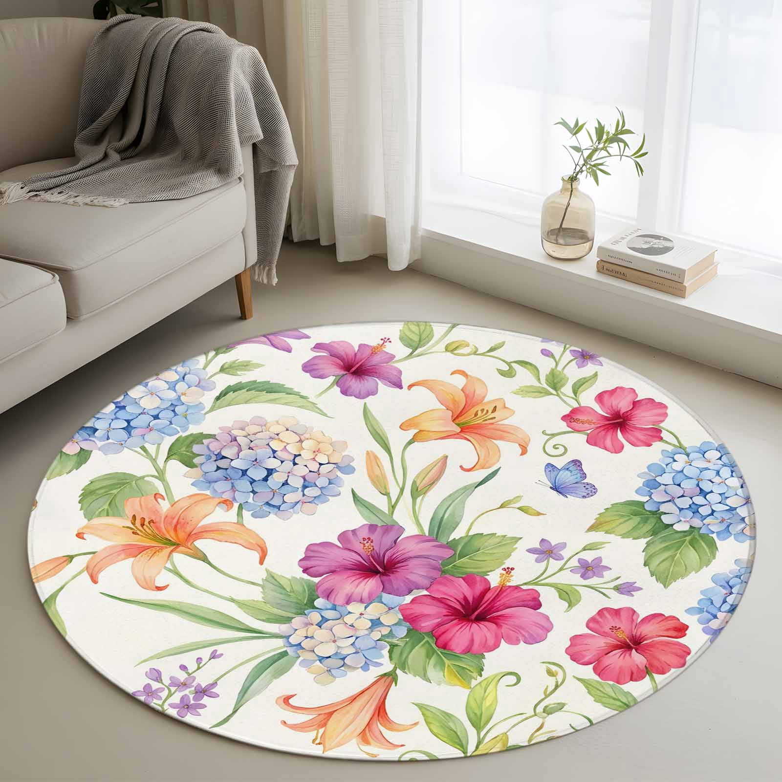 Blue Hydrangea 3FT Round Area Rugs Orange Lily Red Purple Flower ...