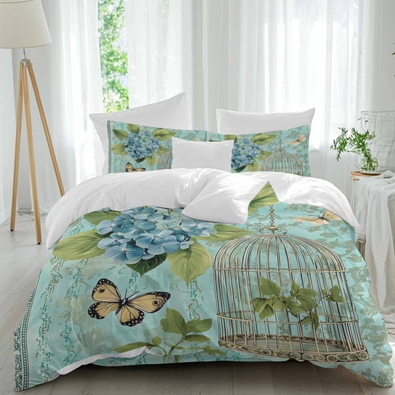 Blue Hydrangea 4 Piece Duvet Cover Set Full Size Vintage Retro Cage ...