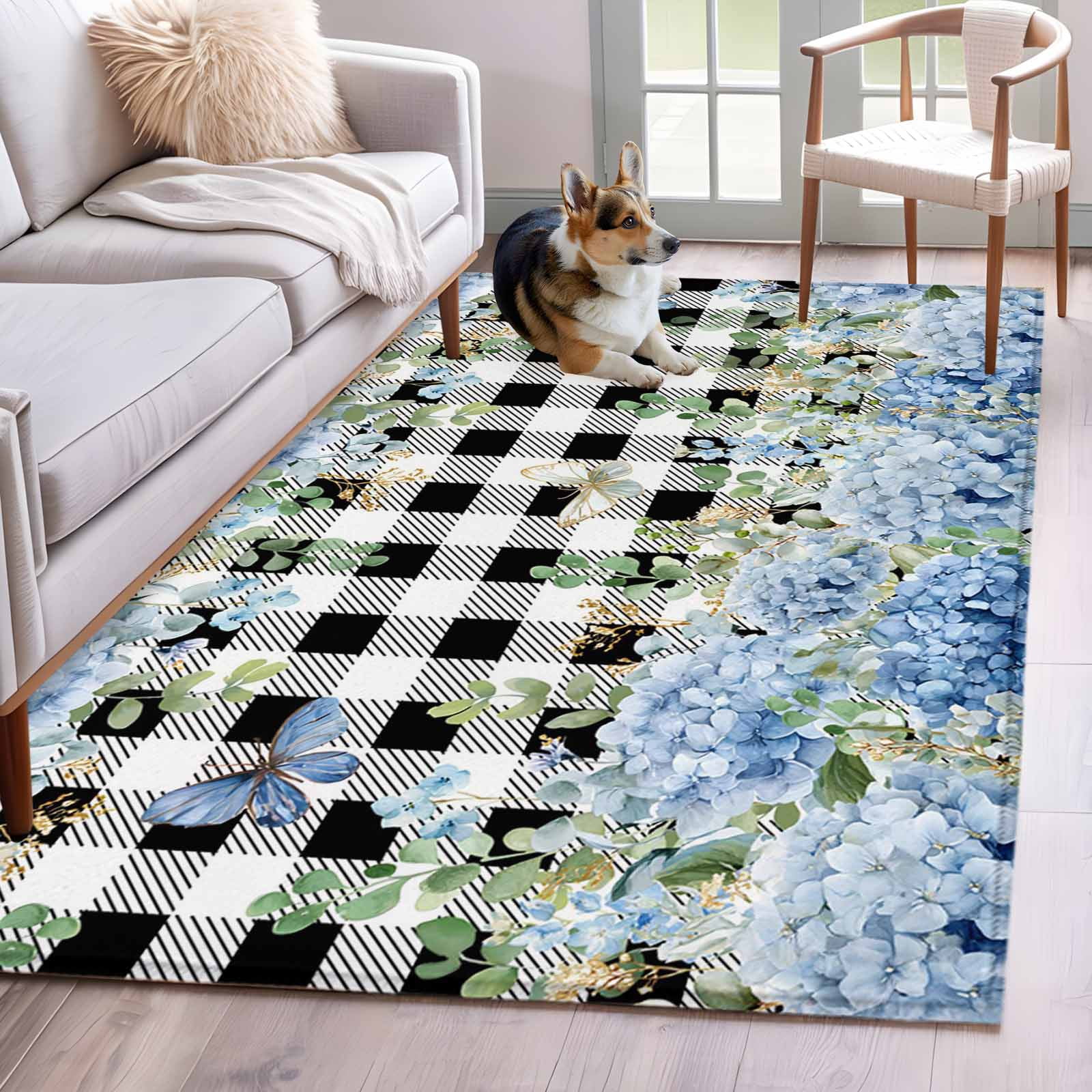 Blue Hydrangea 4x6 Area Rugs for Living Room, Rustic Summer Blue Floral ...