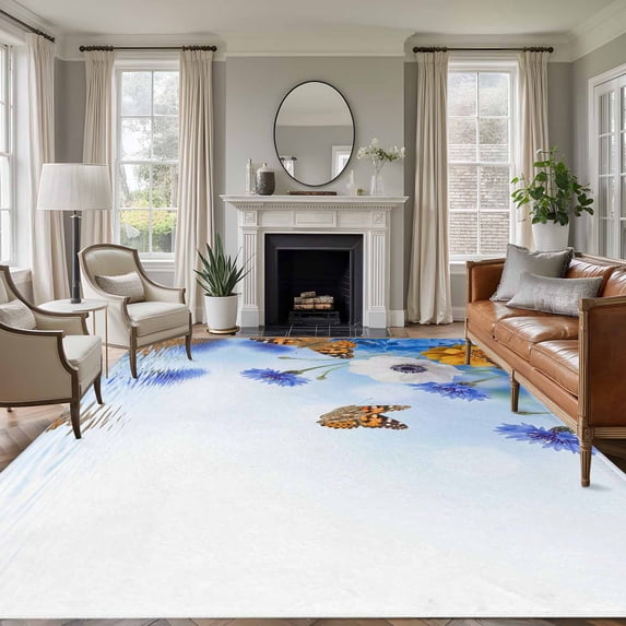 Blue Hydrangea 5'x8' Rug for Bedroom Under Queen Bed Placement, White ...