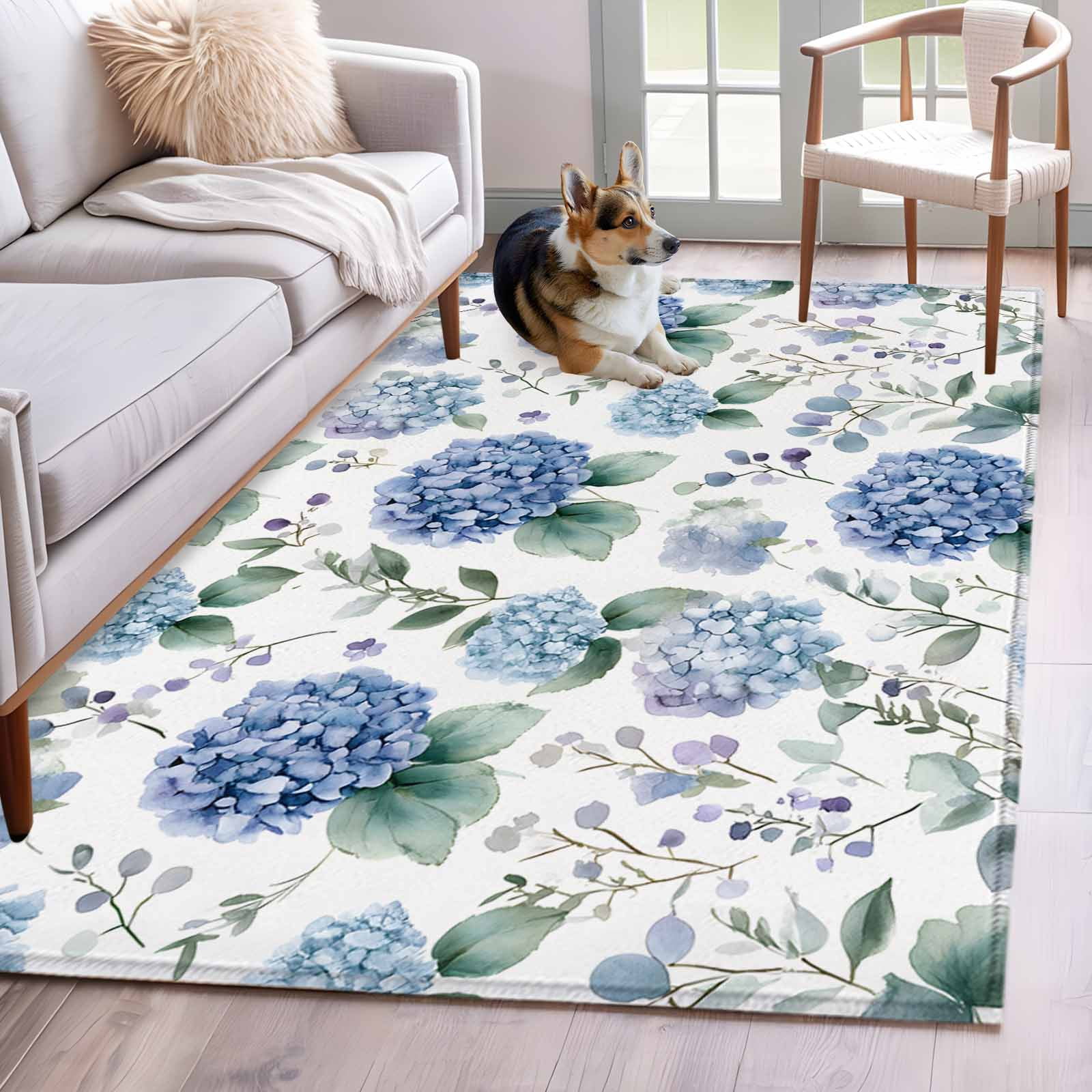 Blue Hydrangea Area Rugs 4x6 ft Eucalyptus Leaves Watercolor Plant Farm ...