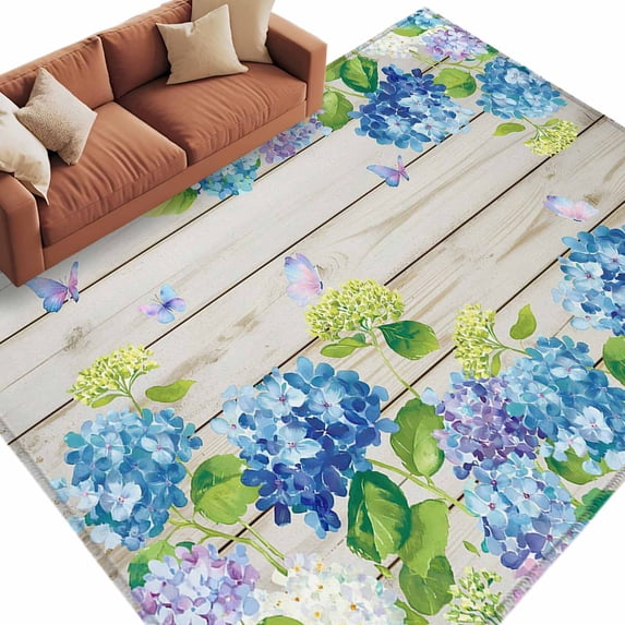 Blue Hydrangea Area Rugs Collection 5'x7', Rustic Wooden Butterfly ...