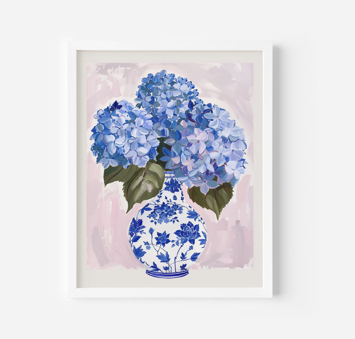 Blue Hydrangea Art Poster Bohemian Vase, Farmhouse Decor (Print ...