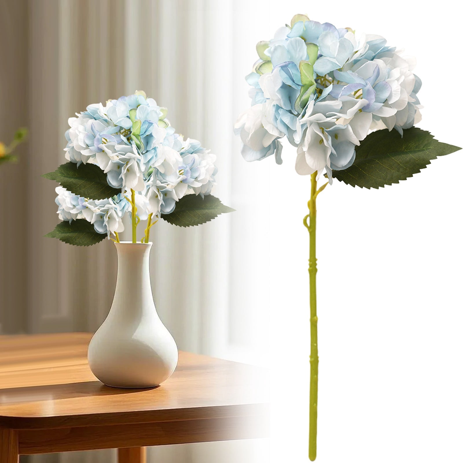 Blue Hydrangea Artificial Flowers Single Stem Fake Flowers with Leaves ...