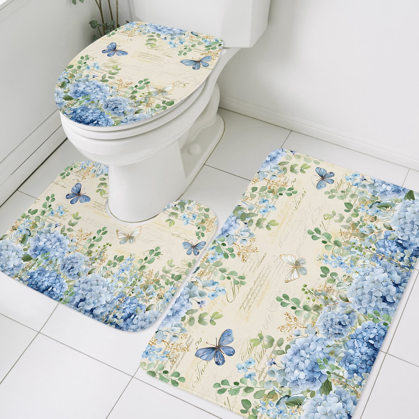 Blue Hydrangea Bathroom Rugs Set Rustic Summer Blue Floral Butterfly ...