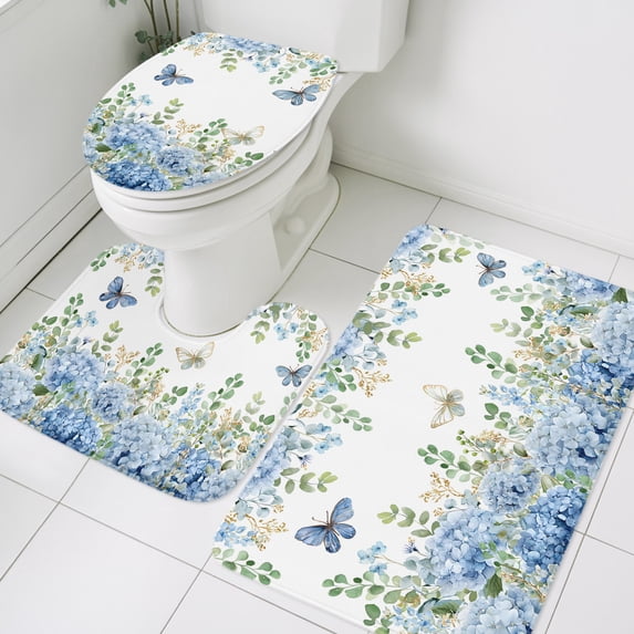 Blue Hydrangea Bathroom Rugs Set Rustic Summer Blue Floral Butterfly ...