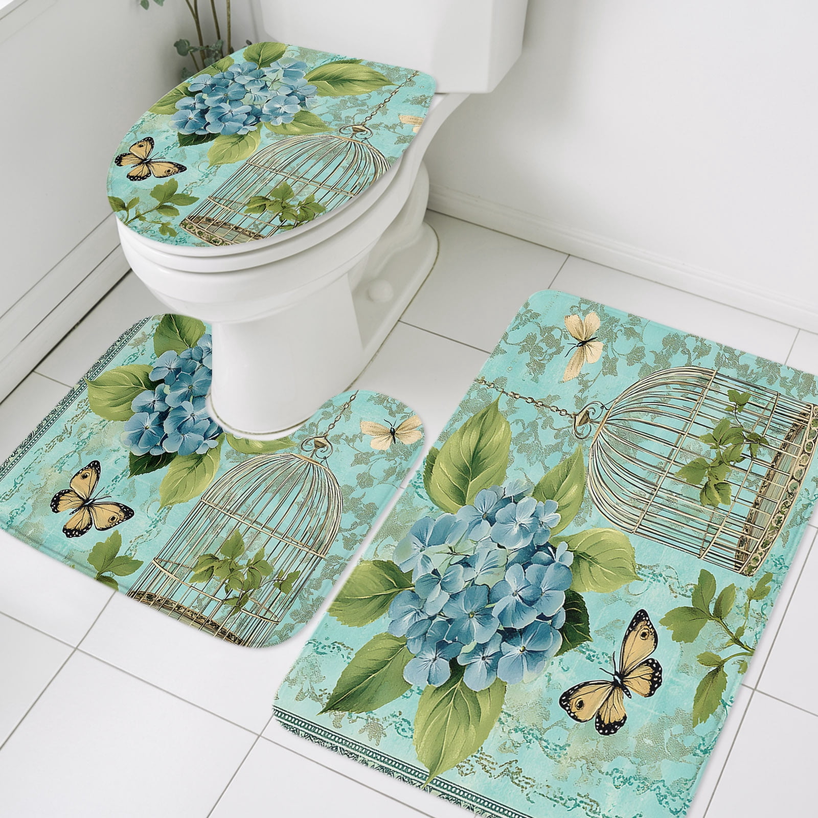 Blue Hydrangea Bathroom Rugs Set Vintage Retro Cage Beige Butterfly ...