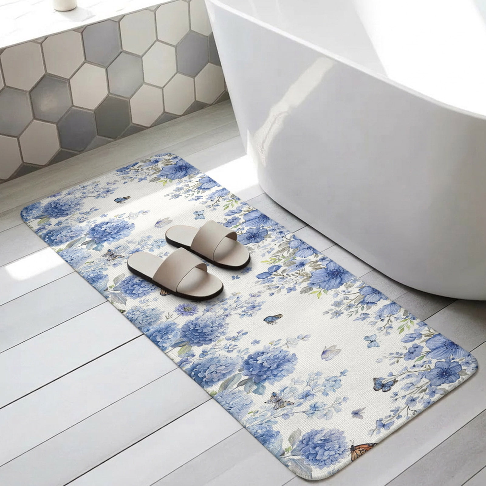 Blue Hydrangea Bathroom Runner Rugs Non Slip Washable Absorbent Narrow ...