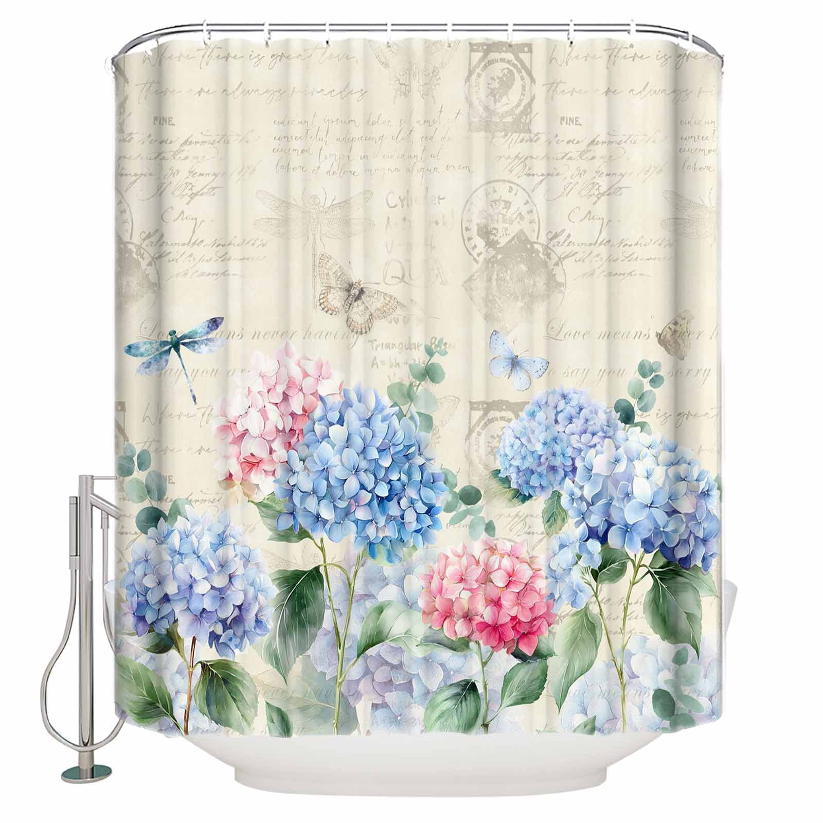 Blue Hydrangea Bathroom Shower Curtains with 12 Hooks Polyester ...