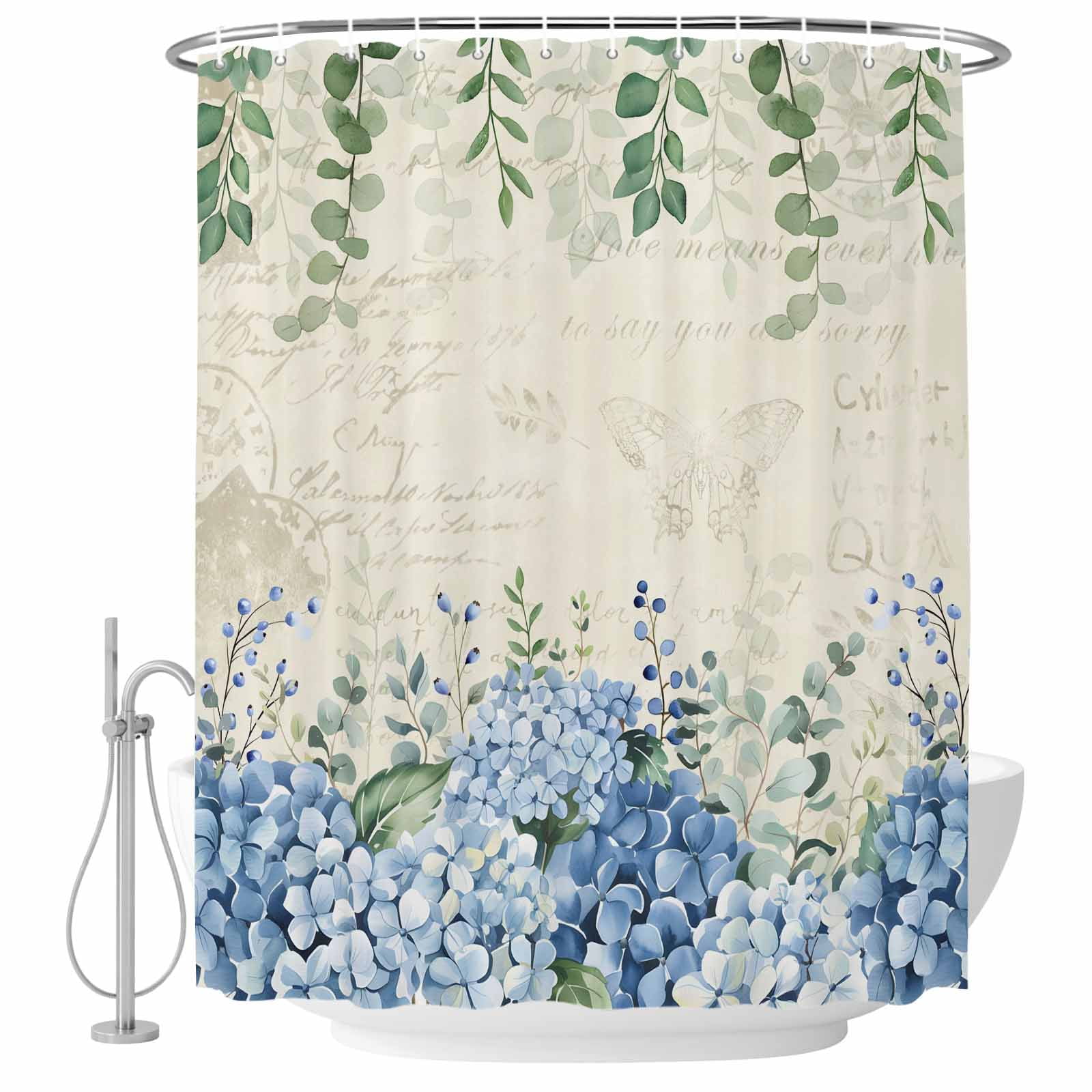Blue Hydrangea Bathroom Shower Curtains with Hooks, Watercolor Spring ...