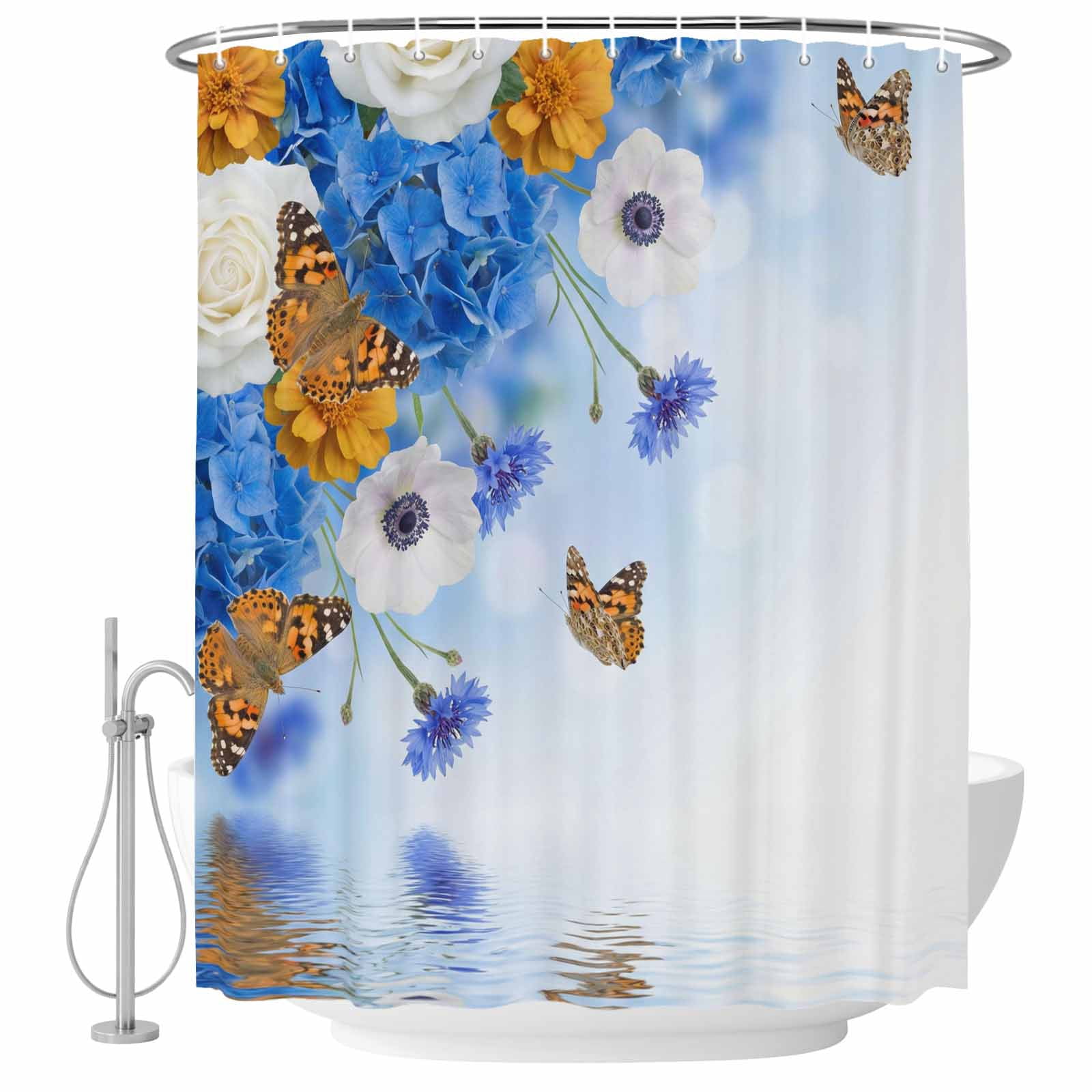Blue Hydrangea Bathroom Shower Curtains with Hooks, White Orange ...