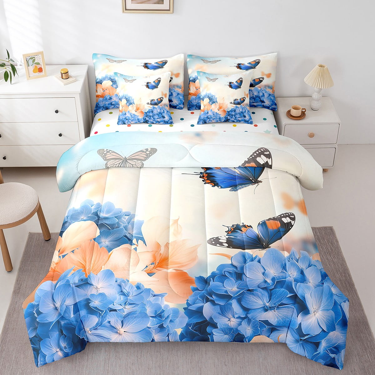Blue Hydrangea Bed in a Bag King Size Comforter Set 7 Pieces,Butterfly ...