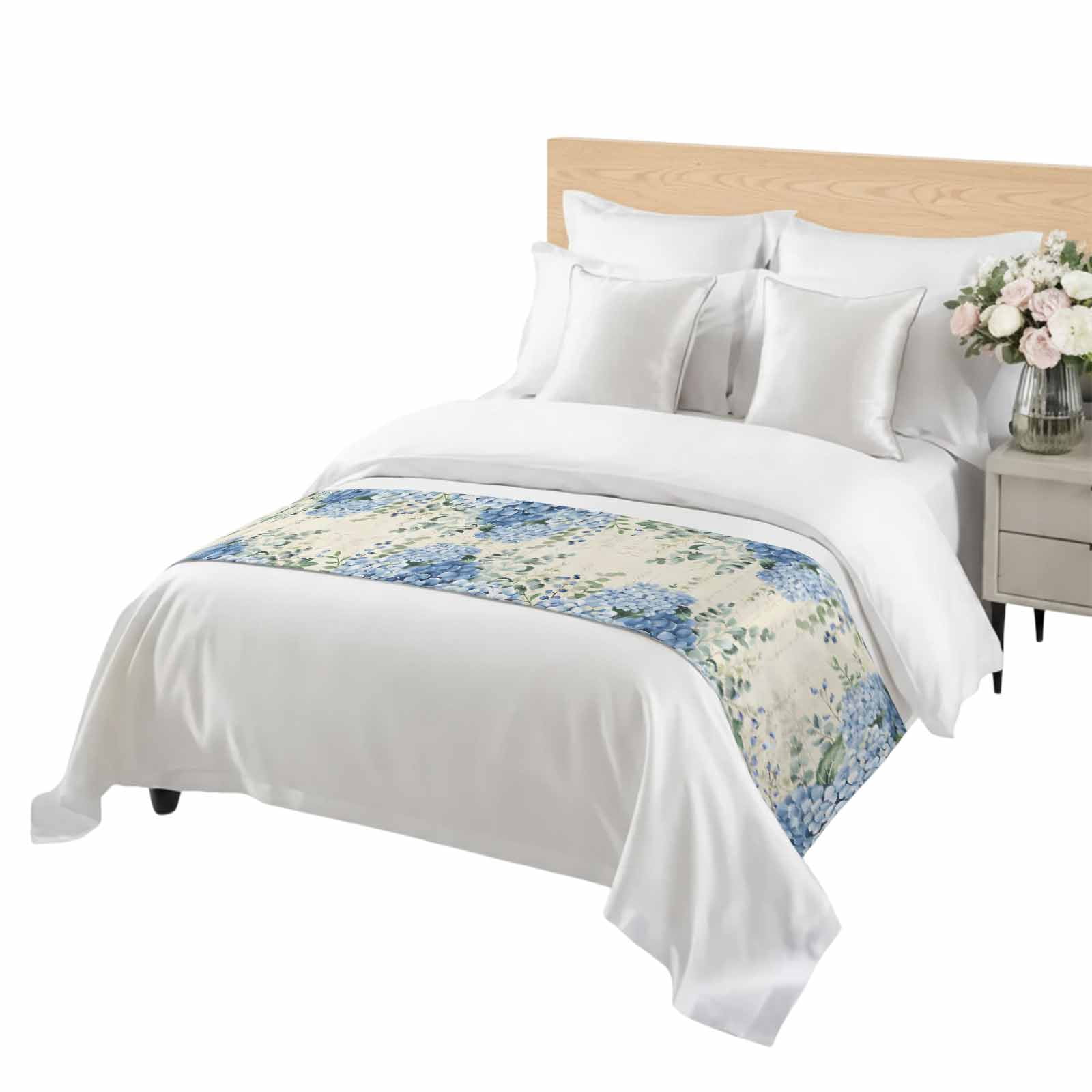 Blue Hydrangea Bed Runner Twin Size Watercolor Spring Blue Floral Green ...