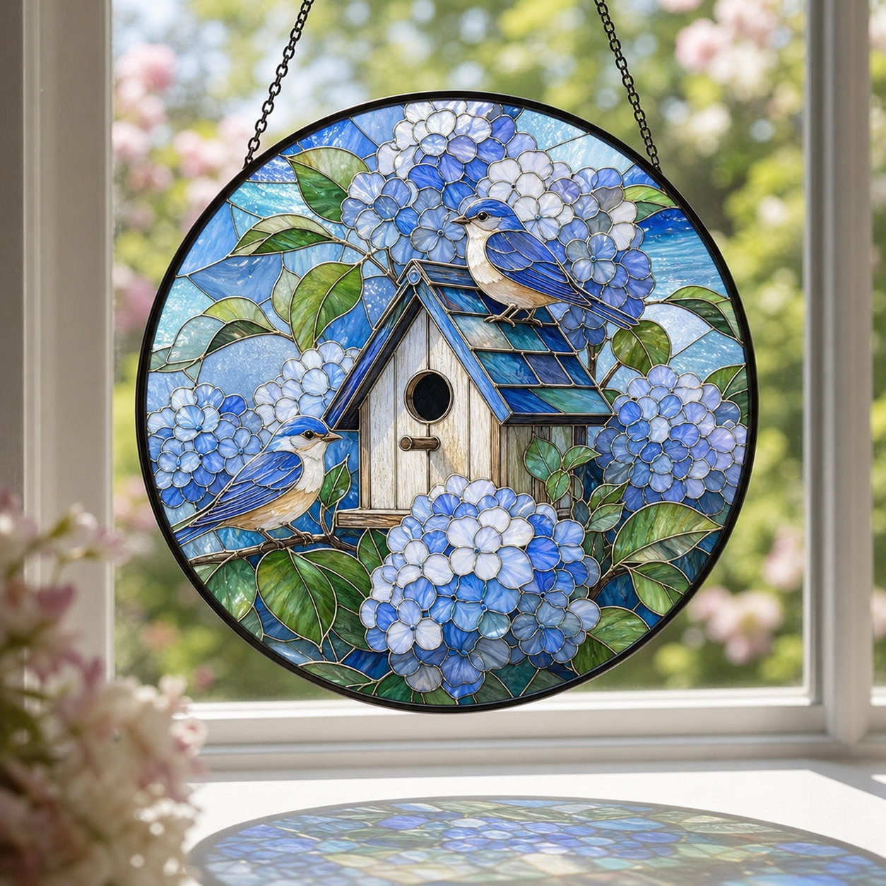 Blue Hydrangea Birdhouse Stained Glass Suncatcher Window Hanging Gift ...