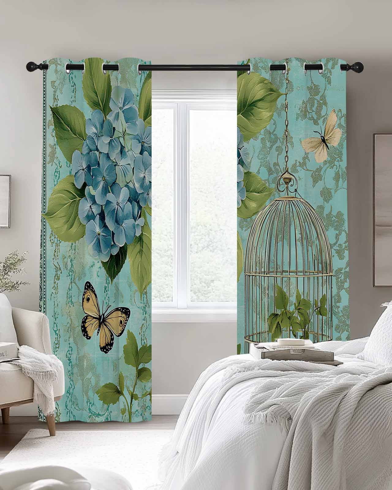 Blue Hydrangea Blackout Curtains 2 Panels Vintage Retro Cage Beige ...