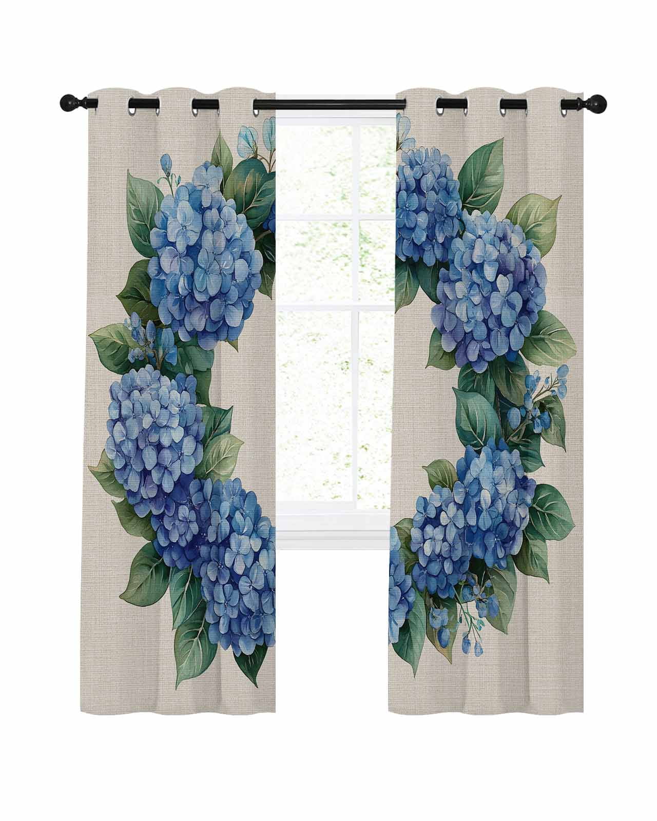 Blue Hydrangea Blackout Curtains 84 Inch Length Spring Wreath Flower ...