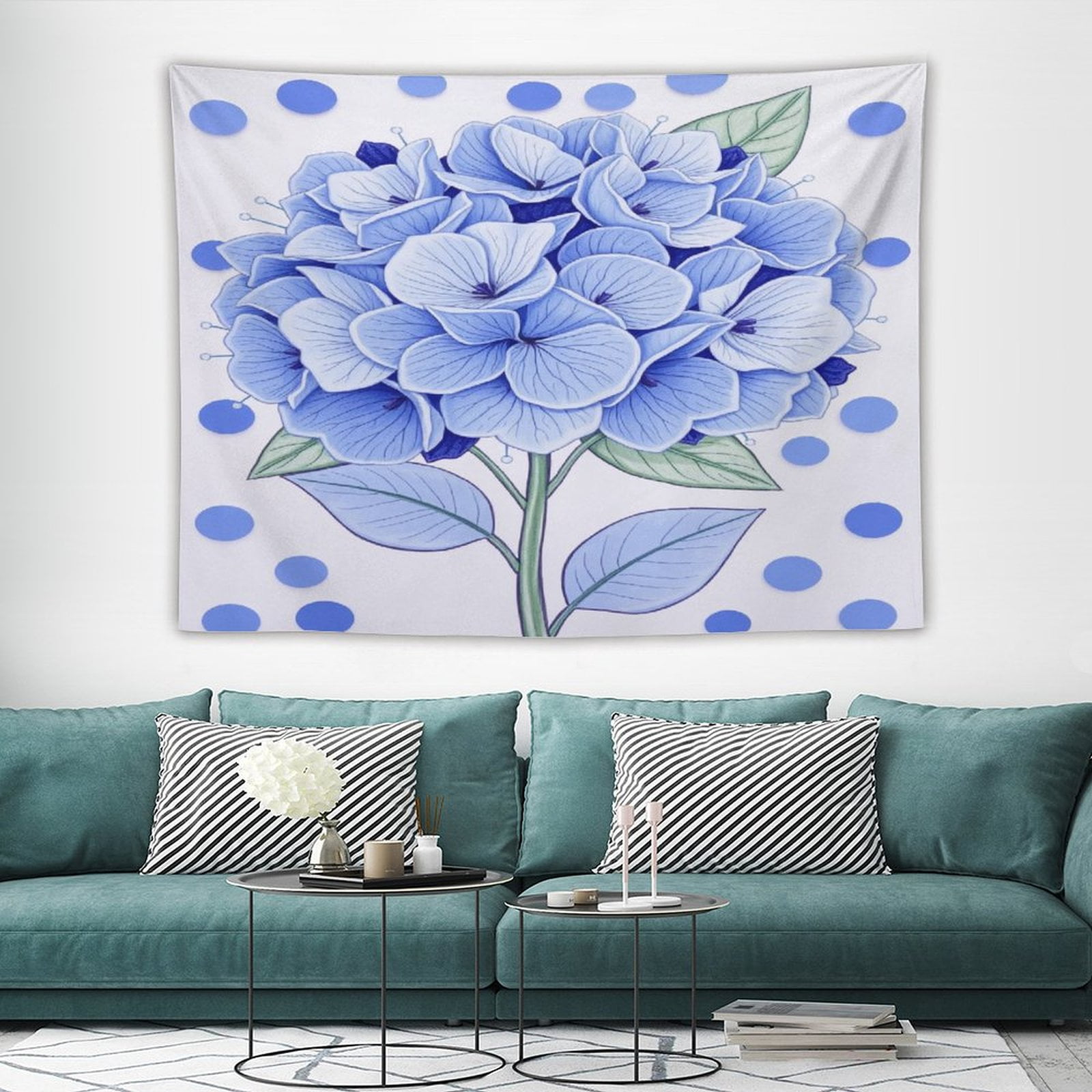 Blue Hydrangea Blooms Dots Wall Tapestry Poster Mall Hanging Background ...
