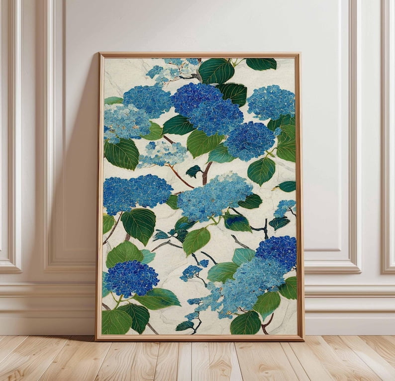 Blue Hydrangea Botanical Pattern Wall Art Poster Vintage Floral Decor ...