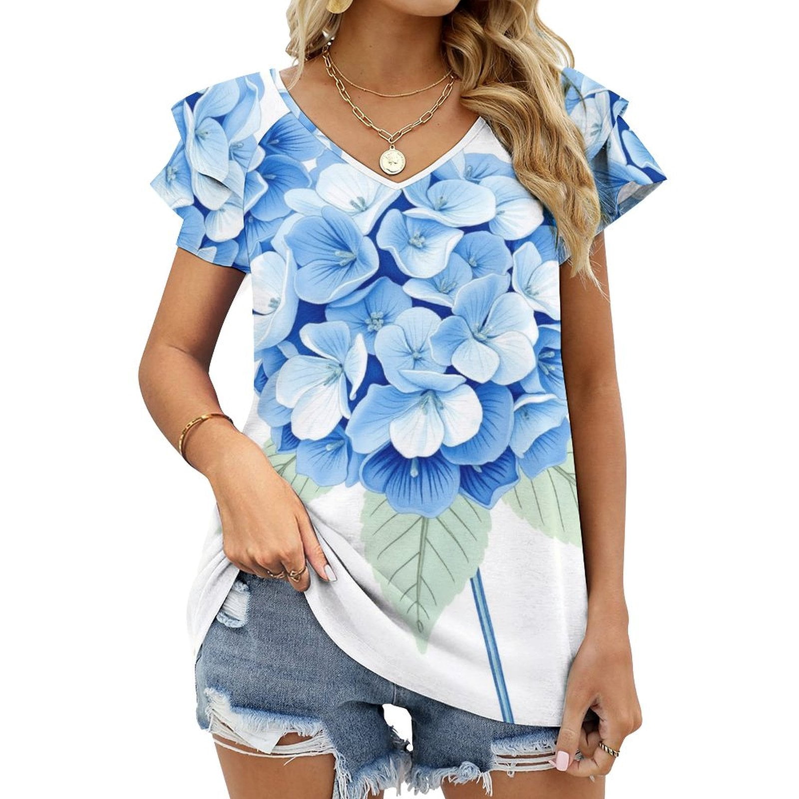Blue Hydrangea Bouquet Flowers V-Neck T-shirt Summer Women Blouses ...