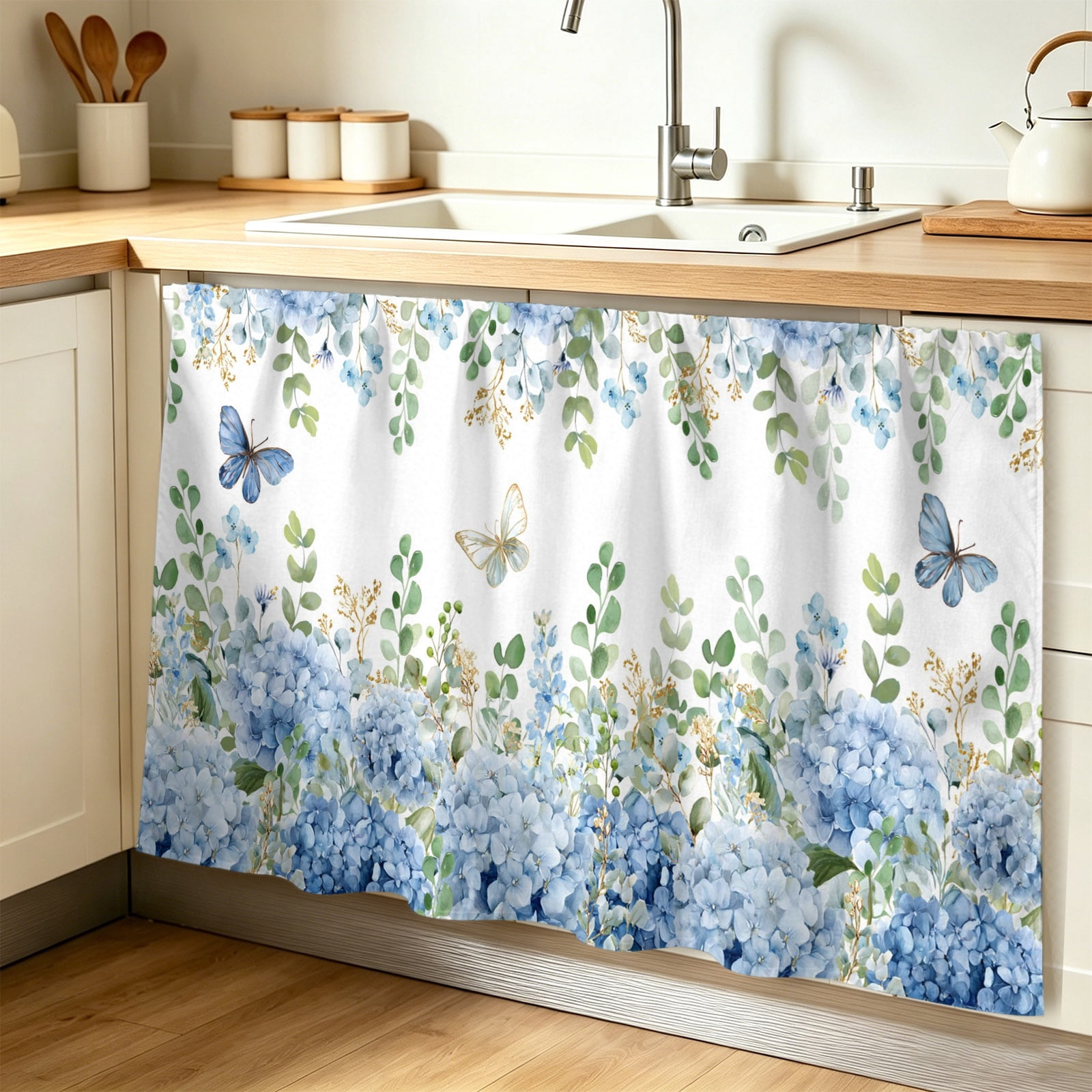 Blue Hydrangea Cabinet Curtain, Rustic Summer Blue Floral Butterfly ...