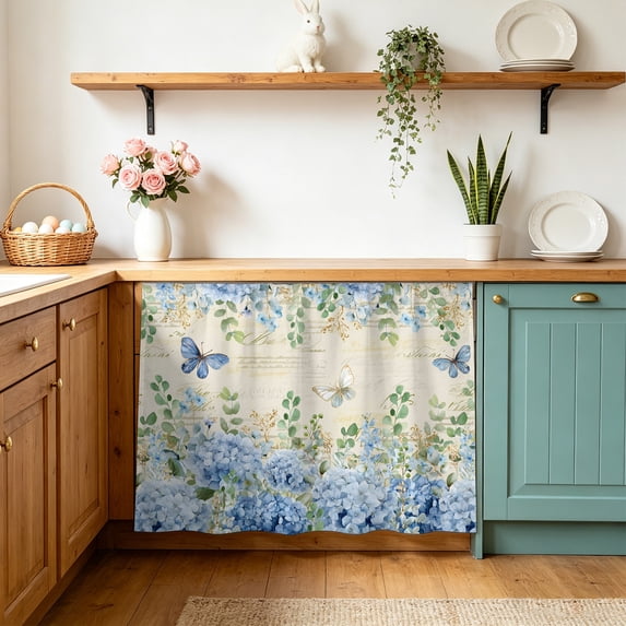 Blue Hydrangea Cabinet Curtains 11" W x 13" L, Rustic Summer Blue ...