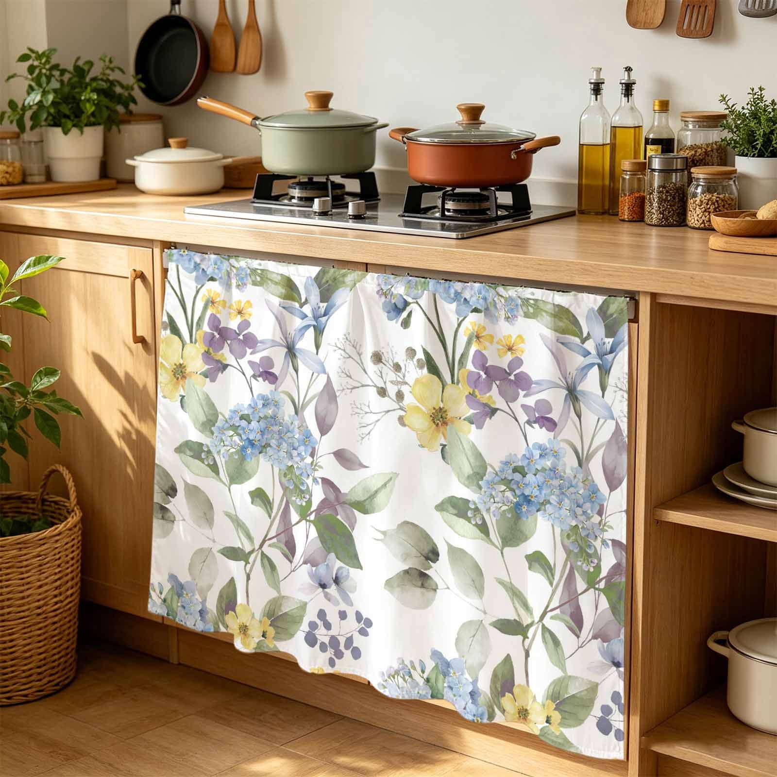 Blue Hydrangea Cabinet Curtains 35" W x 35" L Watercolor Spring Yellow ...