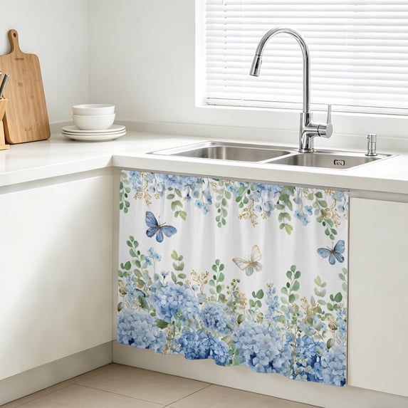 Blue Hydrangea Cabinet Curtains for Kitchen 28"W x 35"L, Rustic Summer ...
