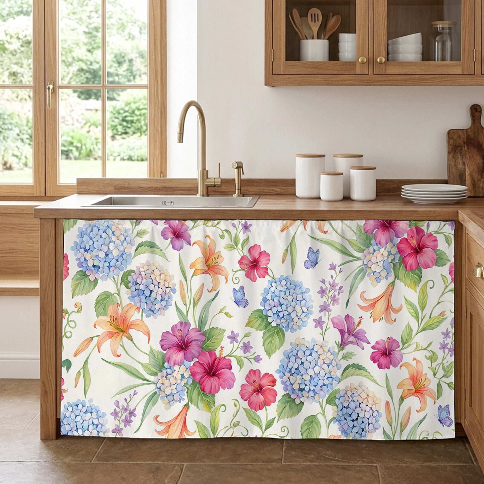 Blue Hydrangea Cabinet Curtains for Kitchen 32"Wx55"L, Orange Lily Red ...