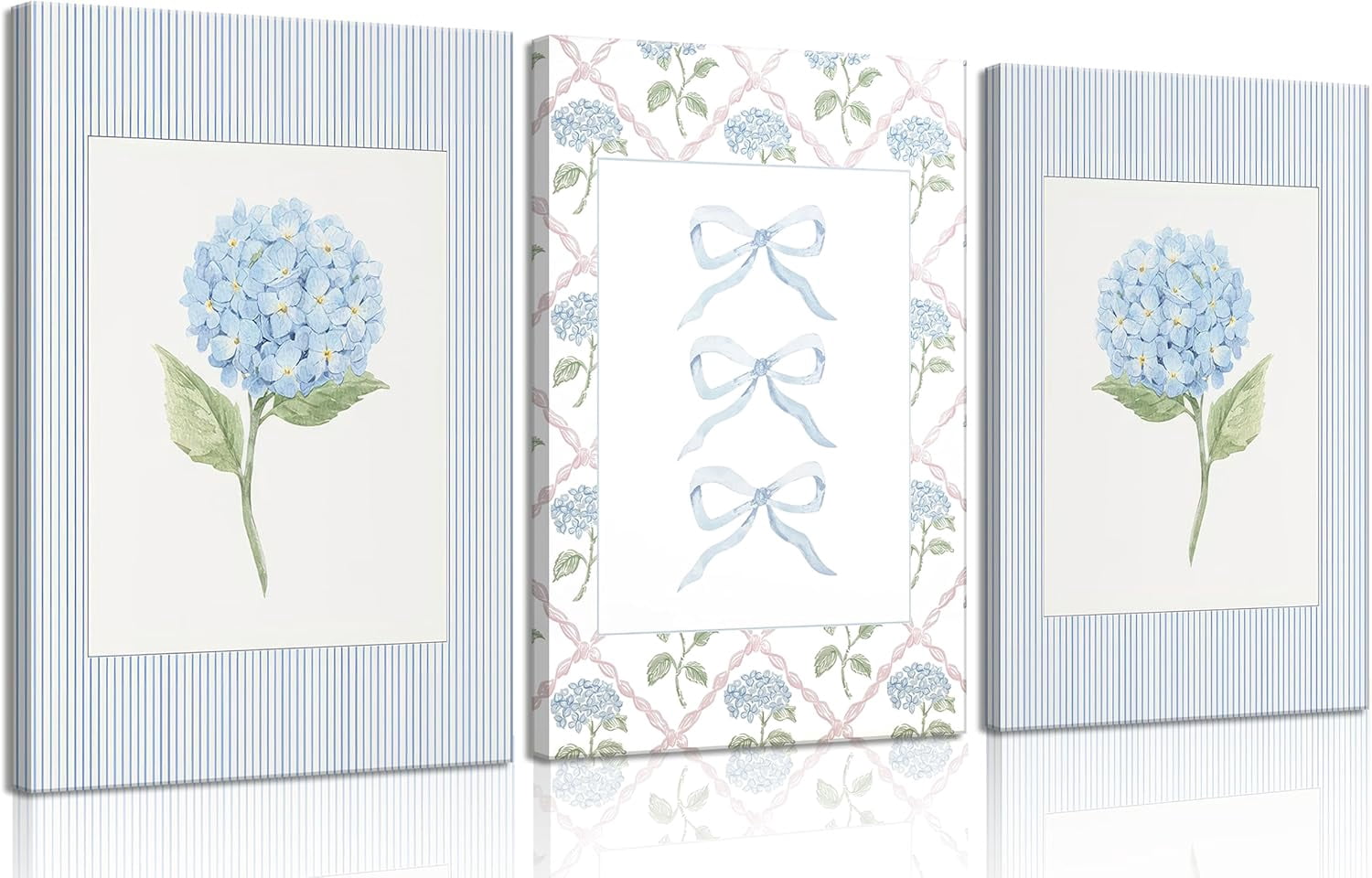 Blue Hydrangea Canvas Wall Art Trendy Watercolor Bow Coquette Paintings ...