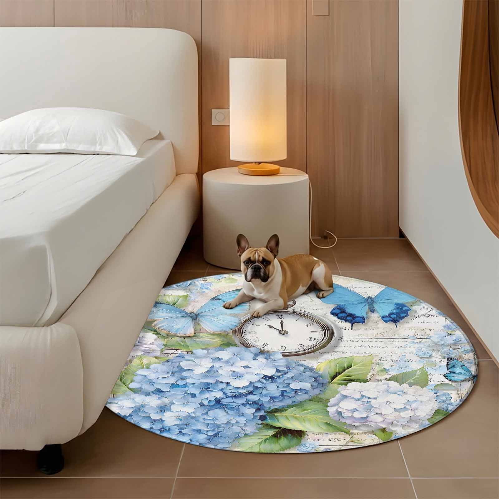 Blue Hydrangea Clock 3ft Round Rug for Bathroom Accent Bedside Corner ...