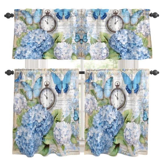 Blue Hydrangea Clock Kitchen Curtains Set for Windows, Spring Butterfly ...