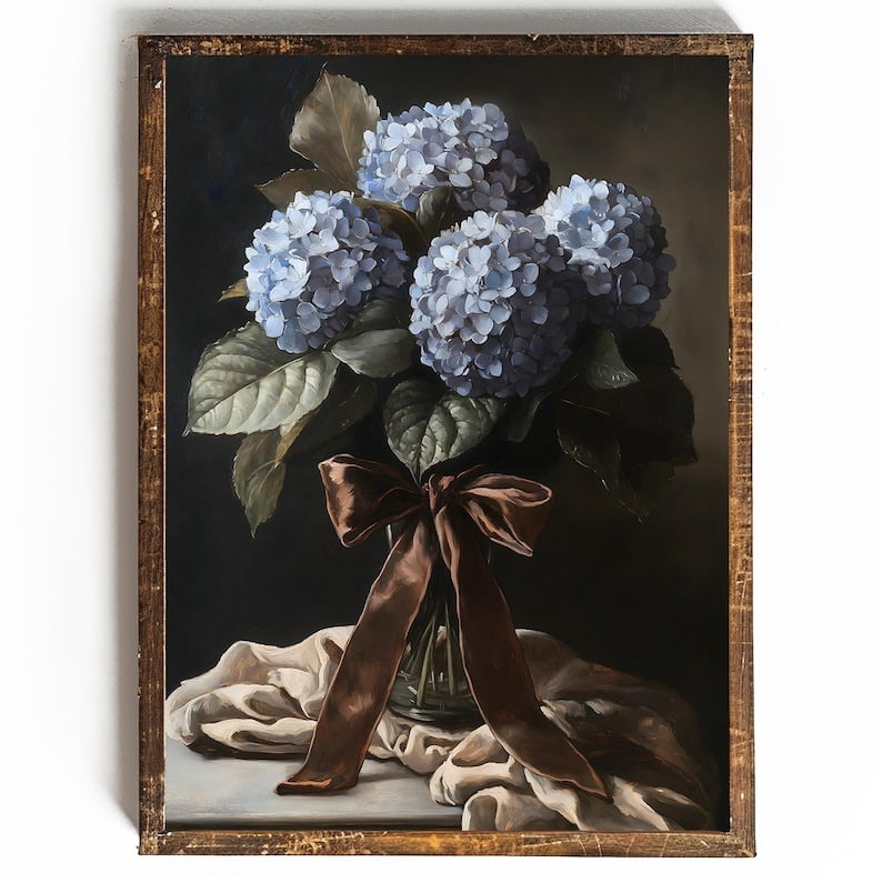 Blue Hydrangea Cottagecore Poster Vintage Botanical Southern Style Dark ...