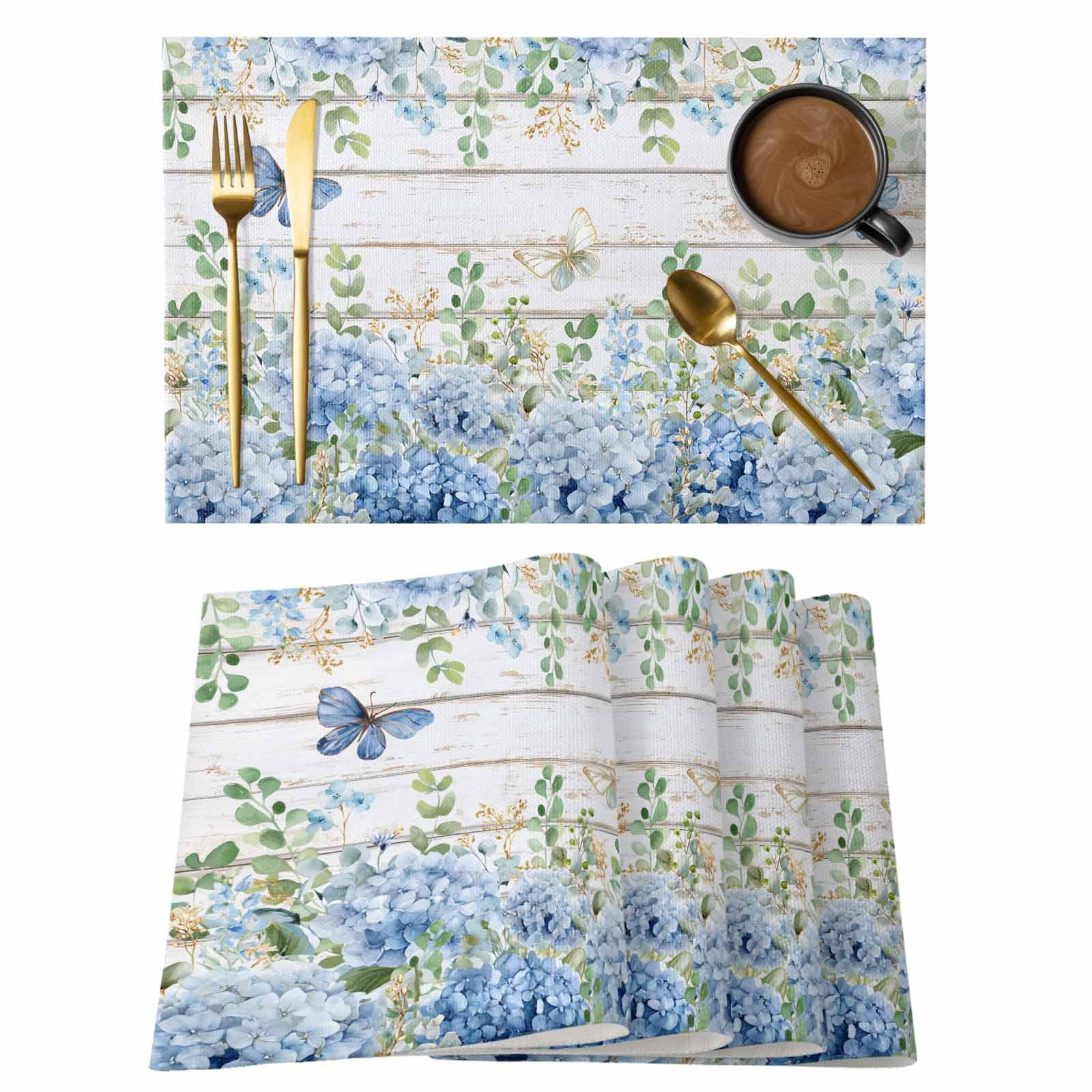 Blue Hydrangea Cotton Linen Placemats Set of 1, Rustic Summer Blue ...