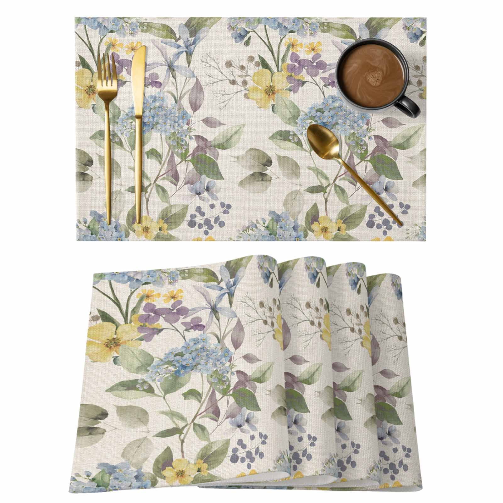 Blue Hydrangea Cotton Linen Placemats Set of 12, Watercolor Spring ...