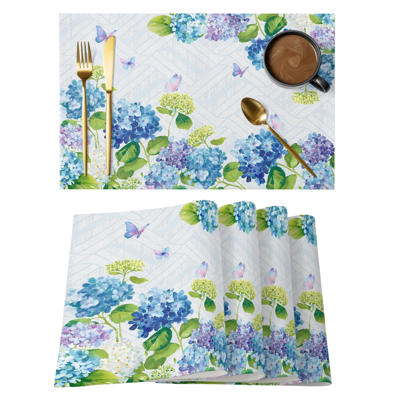Blue Hydrangea Cotton Linen Placemats Set of 4, Watercolor Blue Purple ...