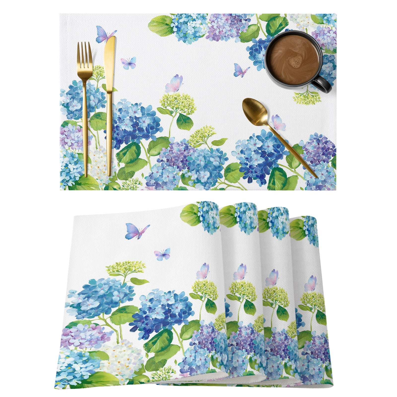 Blue Hydrangea Cotton Linen Placemats Set of 4, Watercolor Blue Purple ...