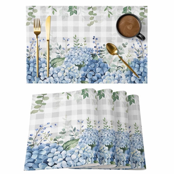 Blue Hydrangea Cotton Linen Placemats Set of 4, Watercolor Spring Blue ...