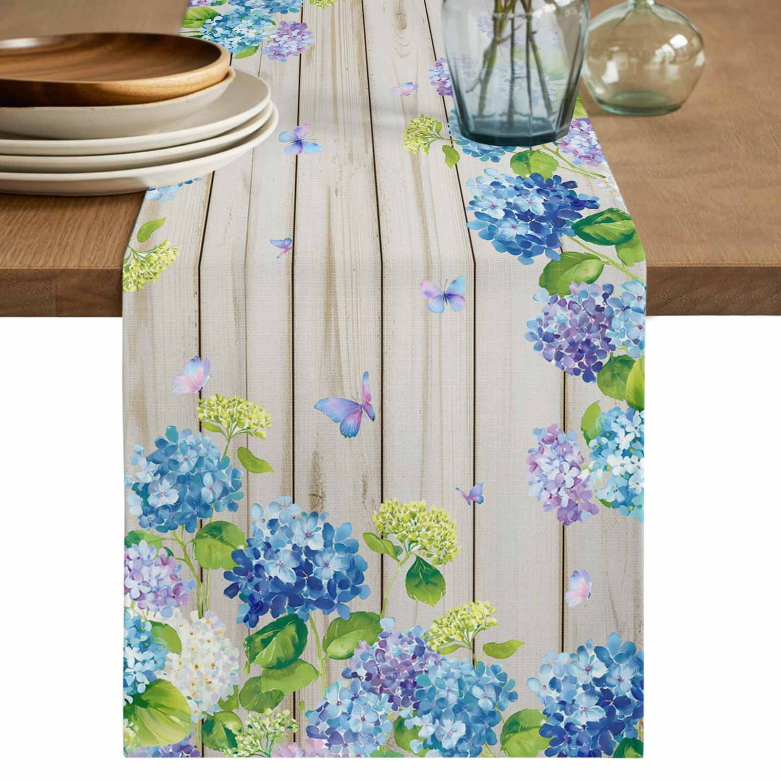 Blue Hydrangea Cotton Linen Table Runner for Dining Kitchen, Rustic ...