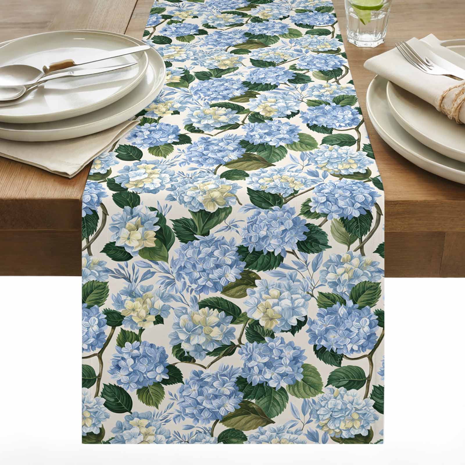 Blue Hydrangea Cotton Linen Table Runner Floral Country Farmhouse ...
