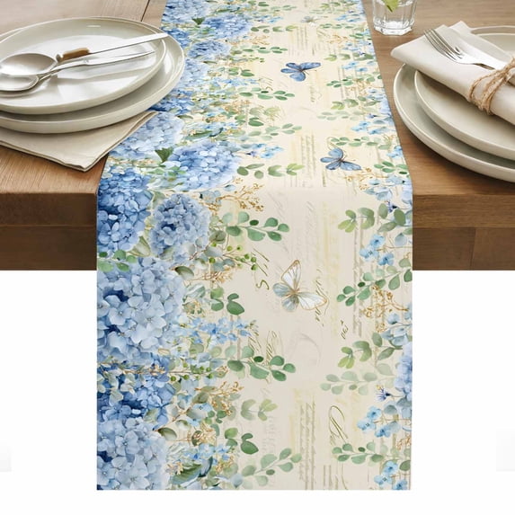 Blue Hydrangea Cotton Linen Table Runner Rustic Summer Blue Floral ...
