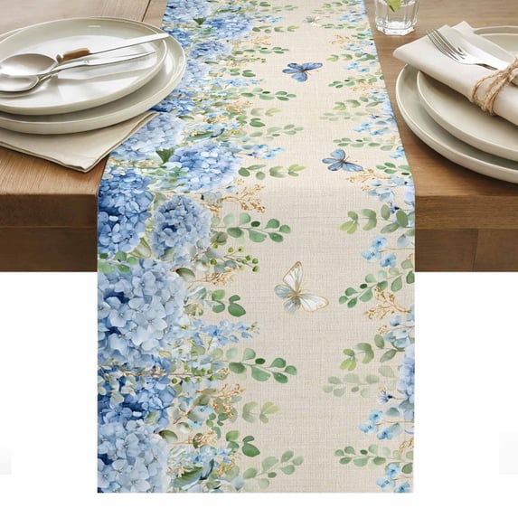 Blue Hydrangea Cotton Linen Table Runner Rustic Summer Blue Floral ...
