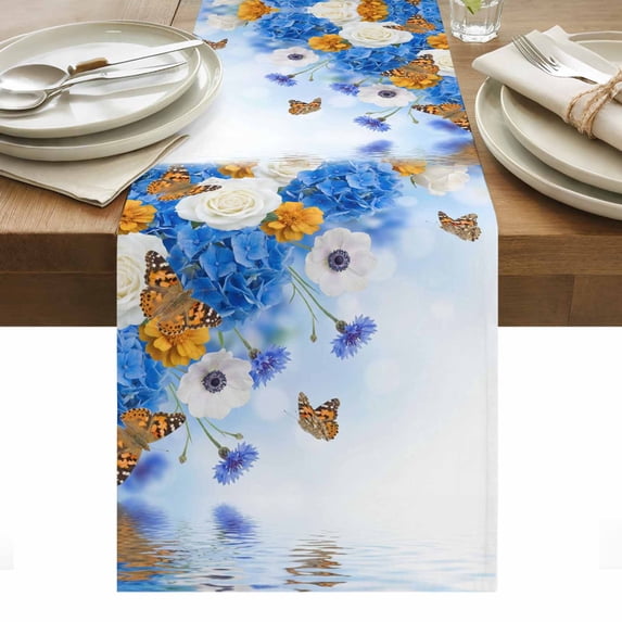 Blue Hydrangea Cotton Linen Table Runner White Orange Flowers ...